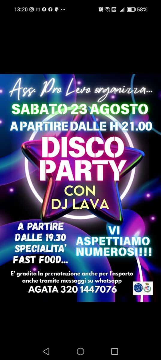 Serata Fast Food e DISCO PARTY con DJ LAVA - Levo (VB) - 23 agosto 2025 ...